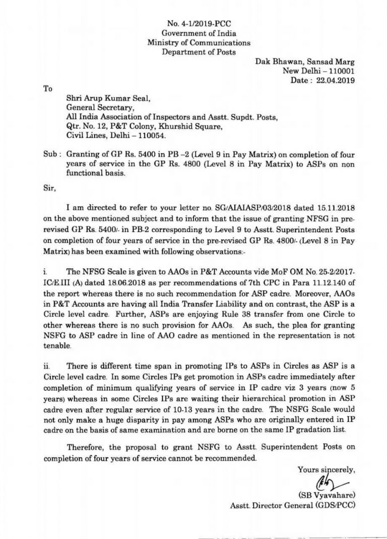 Granting of GP Rs. 5400 in PB -2 (Level 9 in Pay Matrix) to ASPs on a ...