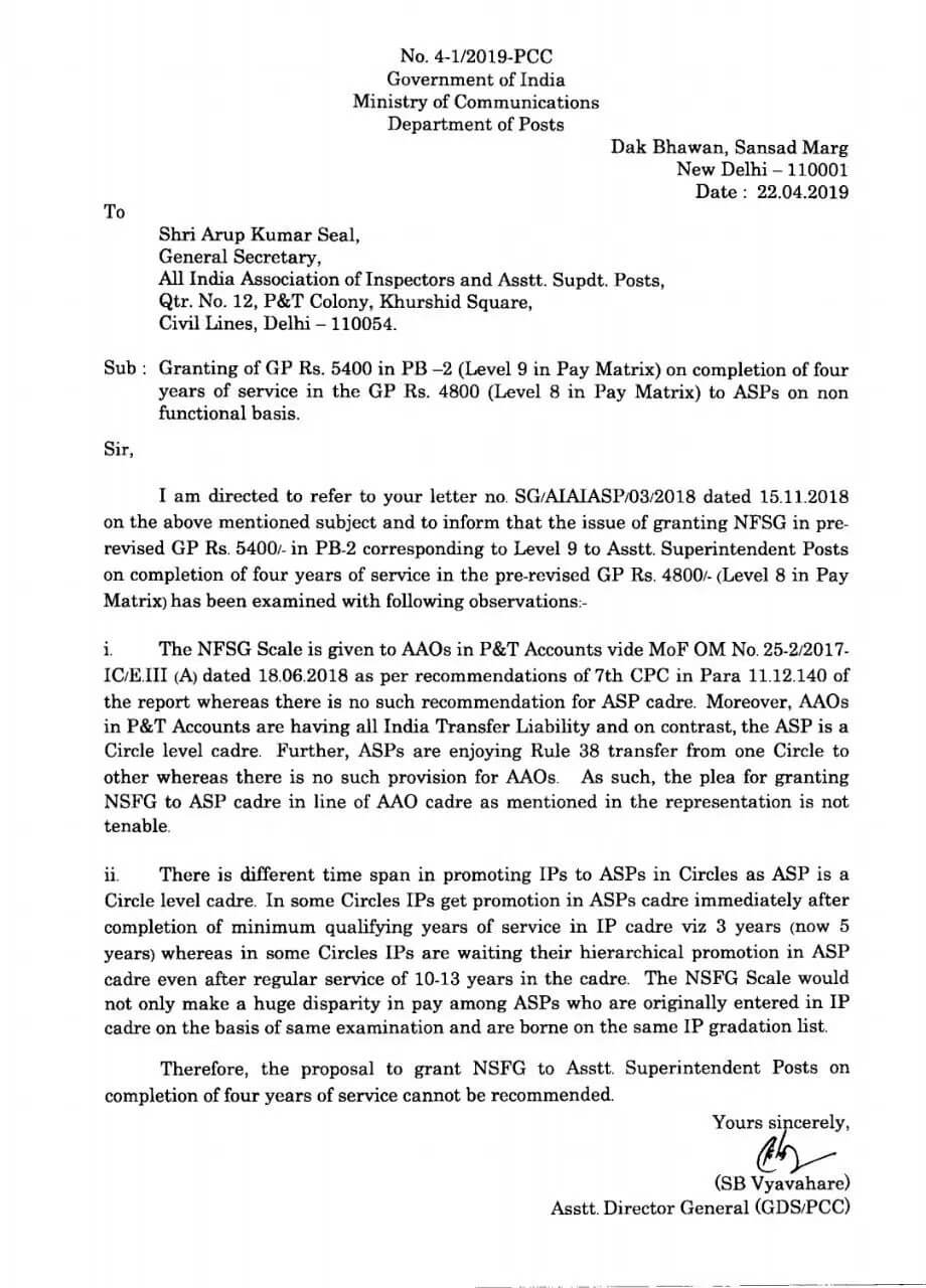 Granting of GP Rs. 5400 in PB -2 (Level 9 in Pay Matrix) to ASPs on a ...