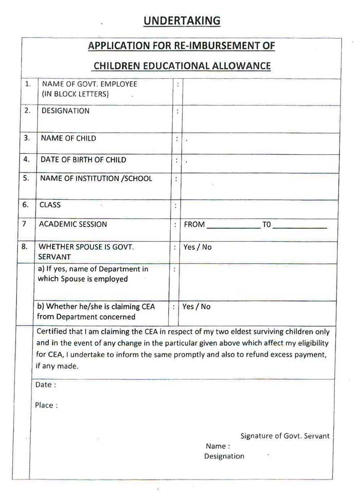 CEA Reimbursement Form 7th CPC Child Education Allowance Form For CEA Reimbursement Form 7th CPC Child Education Allowance Form For