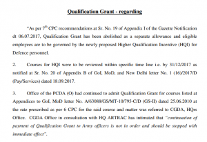 7th CPC continuation of payment of Qualification Grant to Army officers ...