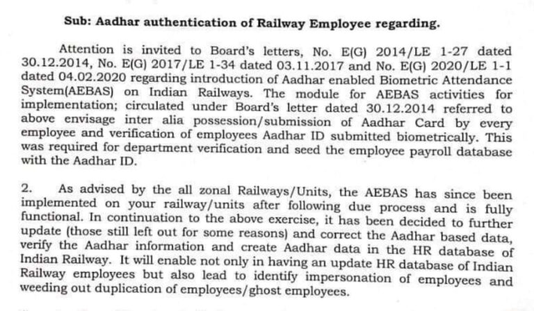 Aadhar enabled Biometric Attendance System (AEBAS) on Indian Railways
