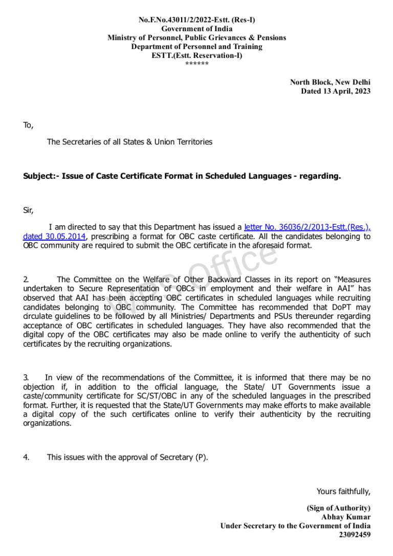 Accceptance Of Obc Certificates In Scheduled Languages Fomat For Obc