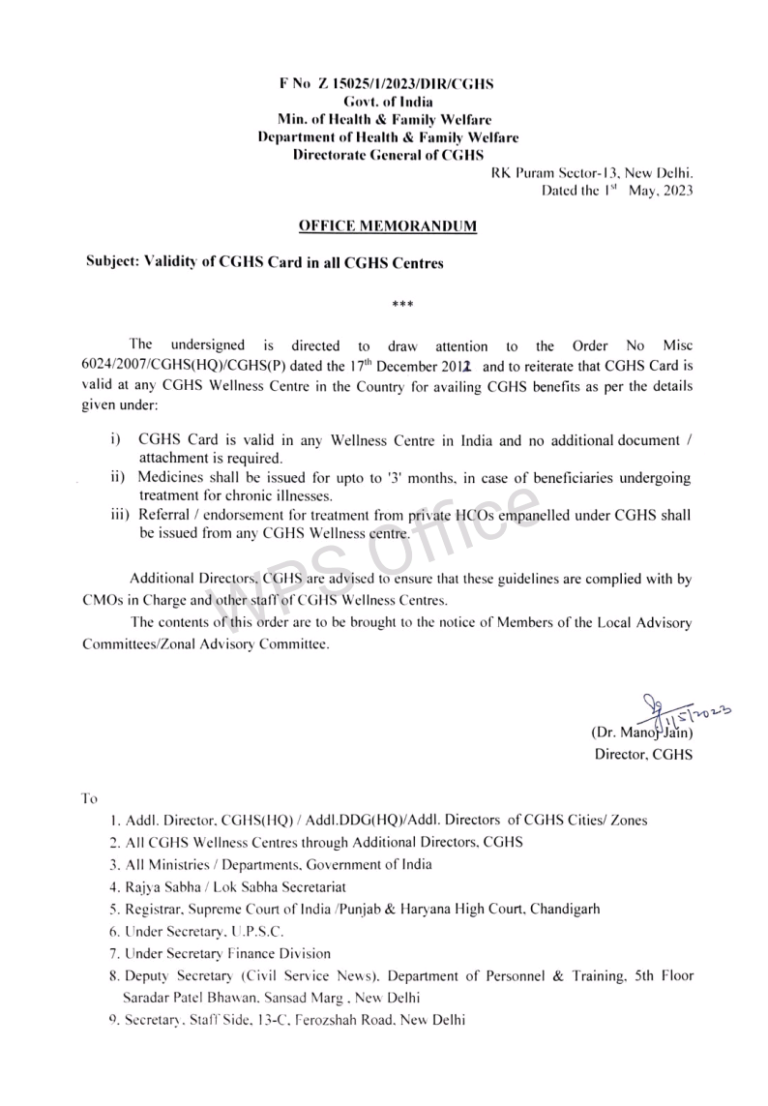 Validity of CGHS Card in all CGHS Centres - CENTRAL GOVERNMENT ...