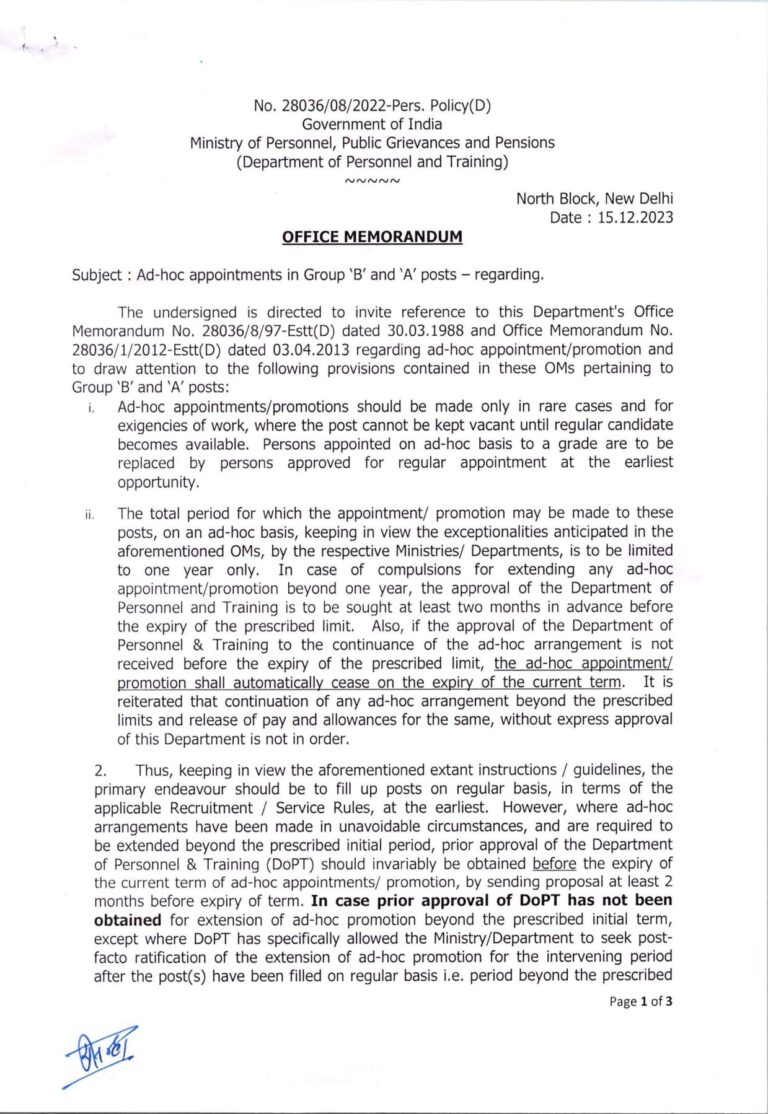 Ad-hoc appointments and promotions in Group B and Group A posts - DoPT ...